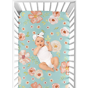 Sweet Jojo Designs Turquoise and Peach Baby or Toddler Fitted Crib Sheet for Watercolor Floral Collection - Pink Rose Flower