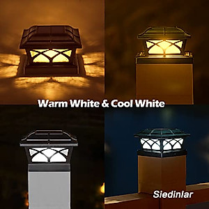 SIEDiNLAR Solar Post Cap Lights Outdoor Glass 2 Modes 8 LEDs for 4x4 5x5 6x6 Posts Deck Fence Patio Decoration Warm White/Cool White Lighting Black (2 Pack)