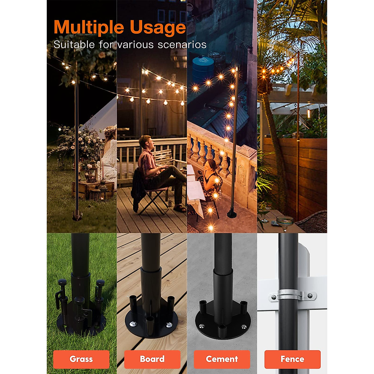 addlon 4 Pack String Light Poles Pro 10ft, Aluminum Waterproof Harder Outdoor Poles with Hooks for Hanging, Patio, Garden, Wedding, Parties - Classic Black
