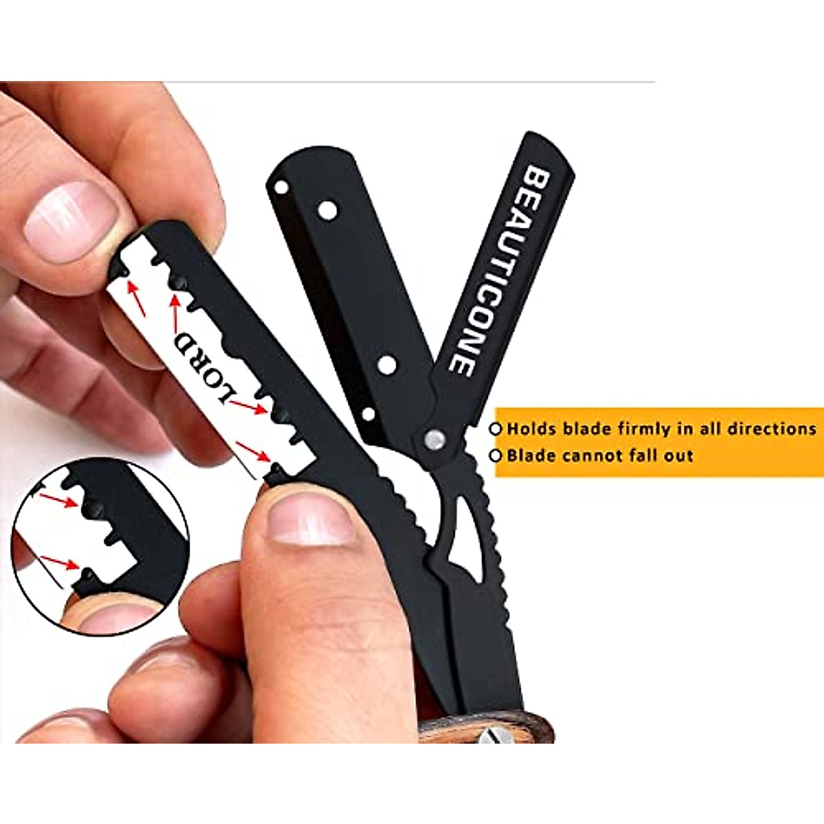 BEAUTICONE Straight Razor for Men, Professional Brown Wooden Razor with Black Blade Barber Razor with 100 Single Edge Blades, Straight Edge Single Blade Razors