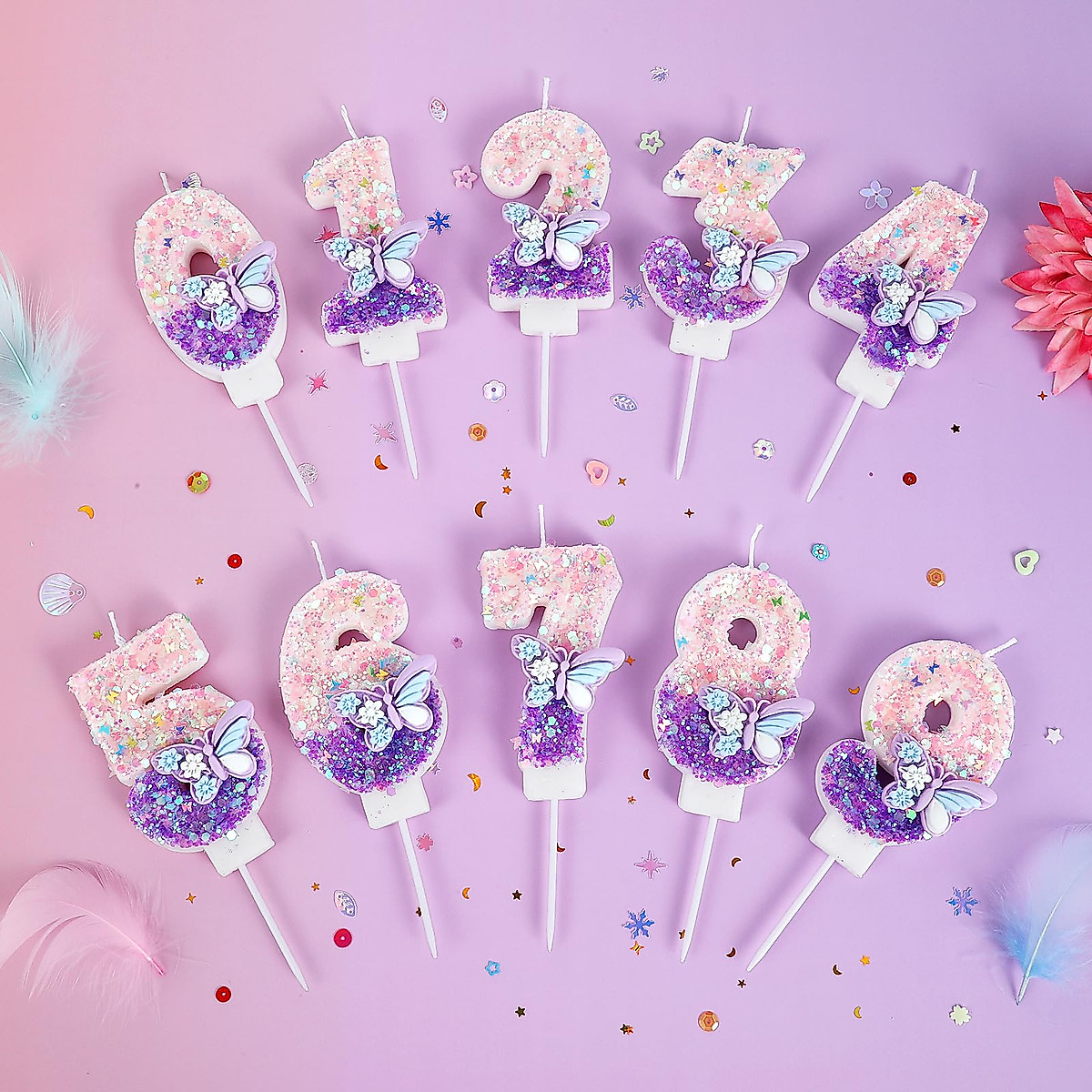 Birthday Number Candles Pink and Purple Butterfly Birthday Candles for Cake Glitter Number 1 Candle Cake Topper with Sequins for Girls and Women Anniversary Celebrations Supplies