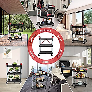 Collapsible Service Cart,3-Tier Portable Cart/Detailing Cart/Utility Carts with 2 Lockable Wheels Use for Home/Commercial/Office/Warehouse,Black, 56 Lb. Load Capacity Per Shelf