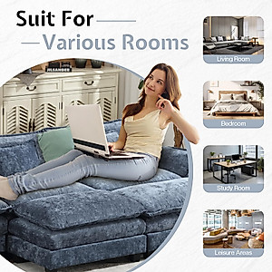 OQQOEE Sectional Sofa Modular Cloud Couch Upholstered Deep Seat Cloud Sofas with Ottoman Comfy Chenille Sofa Sleeper for Living Room,Apartment (Blue, Loveseat & Ottoman)