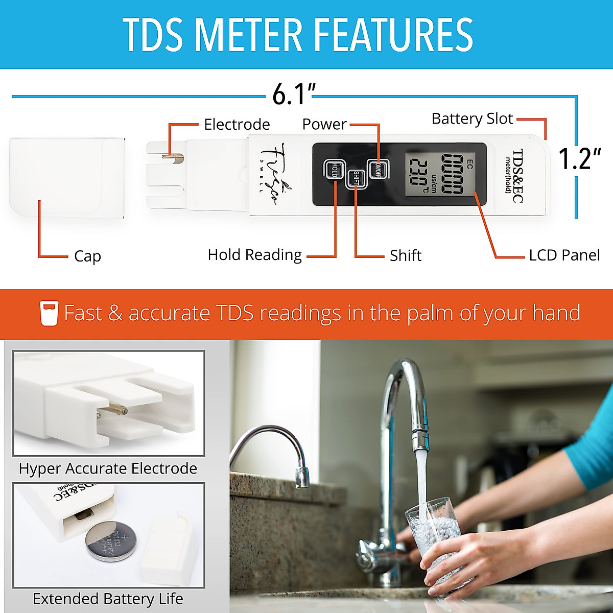 Fresco Dwell pH and TDS Meter Combo, Digital Water Tester with 3-in-1 TDS Meter, Professional High Accuracy Pen Type pH meter with ± 2% for Hou