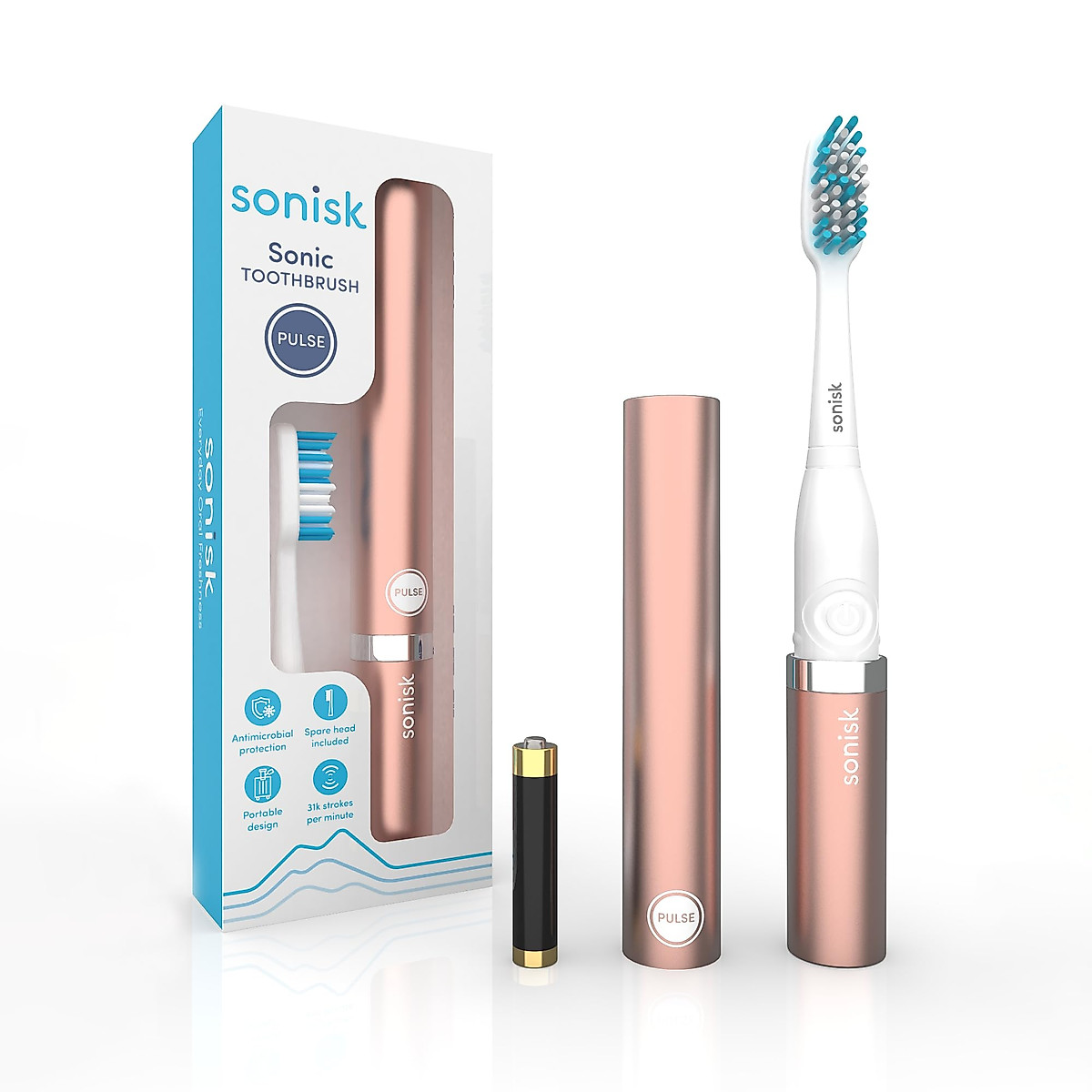 Sonisk Pulse | Battery Powered Electric Toothbrush | Sonic Technology | 1x Battery, 2X Brush Heads, 1x Travel Case Included | 31,000 Strokes Per Minute | Portable Size | Rose Gold