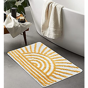 Uphome Boho Bathroom Rugs Yellow and White Sun Bath Mat Non Slip Water Absorbent Microfiber Bath Rug Modern Minimalism Aesthetic Machine Washable Floor Mats for Bathtub Sink Shower, 18x26 inch