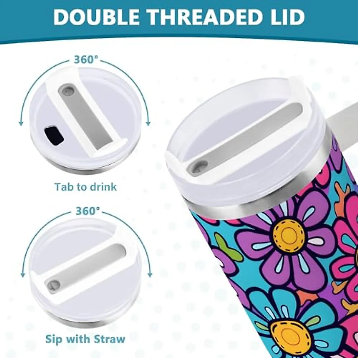 30 oz Colorful Hippie Style Flower Insulated Tumbler with Handle, Stainless Steel Vacuum Water Bottles with Lid and Straw for Water, Iced Tea or Coffee