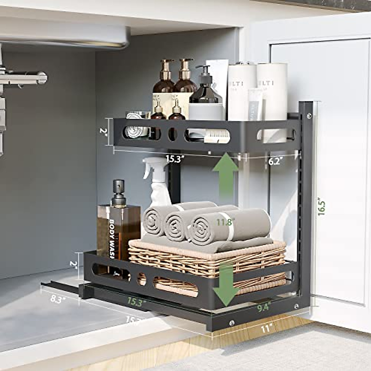 NETEL Under Sink Organizers and Storage, 2 Pack Metal Pull Out Under Cabinet Organizer with 4 Hooks,Kitchen Cupboard Organizer Shelf, Sliding Drawers for Bathroom