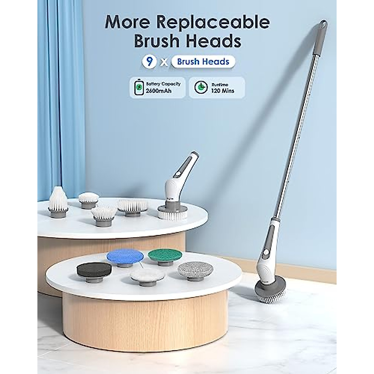 Electric Spin Scrubber, 10 in 1 Airpher Cordless Cleaning Brush IPX8 with 9 Replaceable Brush Heads and 4 Tier Removable Handle, Power Shower Scrubber for Bathroom, Tub, Tile, Floor, Kitchen, Window