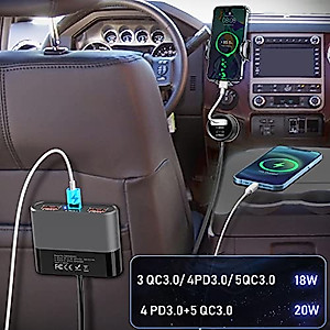 Multi 5 Ports USB C Car Charger, 74W QC3.0 & PD3.0 Type C Cigarette Lighter Adapter Front and Back Seats Fast Charger with 5FT Cable for Samsung Galaxy S21/20, iPhone, Google Pixel, iPad Pro and More