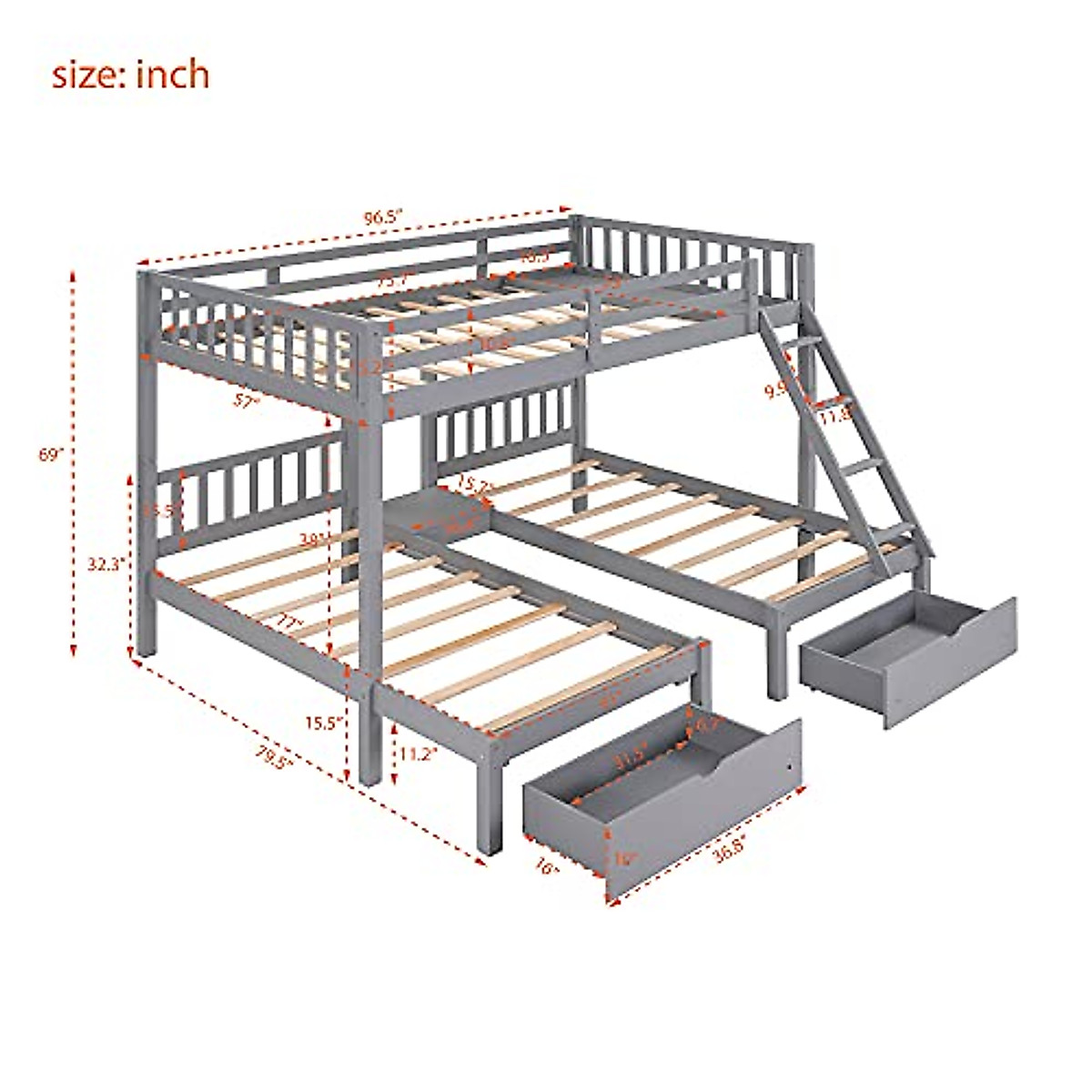 Wood Triple Bunk Bed,Triple Bunk Bed, Full Over Twin & Twin Bunk Bed with Drawers,Frame with Guardrails and Ladder for Kids, Teens, Adults, Space-Saving Design (Gray with Drawers)