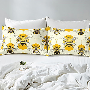 Feelyou Animal Bee Bedding Set Geometric Honeycomb Duvet Cover for Kids Boys Girls Animal Bee Comforter Cover Twin Size Bedspread Cover