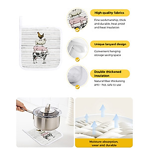 Pot Holders Set of 2,Cow Pig Sheep Chicken Farm Animal Potholder for Kitchen Heat-Proof Hot Pads,Vintage White Wooden Board Hot Mats Potholders for Cooking Baking BBQ