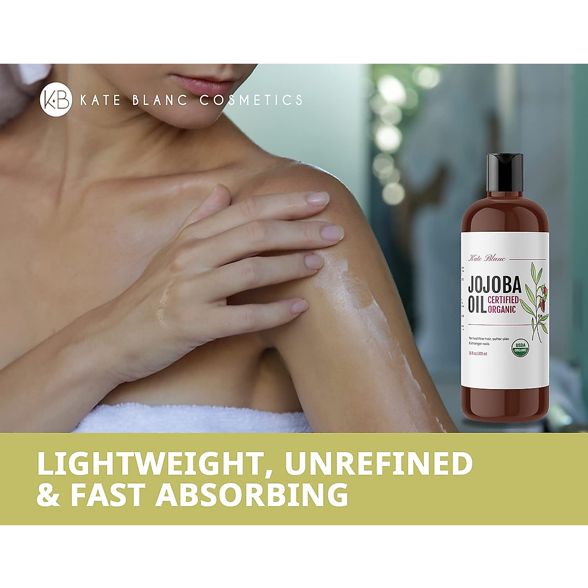 Kate Blanc Cosmetics Jojoba Oil for Hair, Face & Skin. Gua Sha Oil for Face Massage & Dermaplaning (16oz, Organic, 100% Pure, Natural)