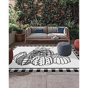 Outdoor Rug 4' x 6', Fall Thanksgiving Large Area Rugs for Patio/RV/Deck/Porch/Indoors, Black and White Checkered Pumpkin Water Absorption Camping Rug Carpet, Lightweight Washable Rug Runners