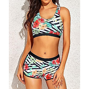 Yonique 3 Piece Athletic Tankini Swimsuits for Women with Shorts Swim Tank Tops with Sports Bra and Boyshorts Bathing Suits Black Orange Floral Print XL