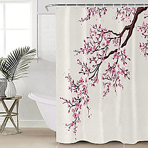 Blooming Cherry Tree Shower Curtains for Bathroom Decoartion, Waterproof Cloth Shower Curtains Durable Bath Curtain for Showers Bathtubs Pink Floral Rustic Burlap Backdrop 36x72 IN Hooks Included
