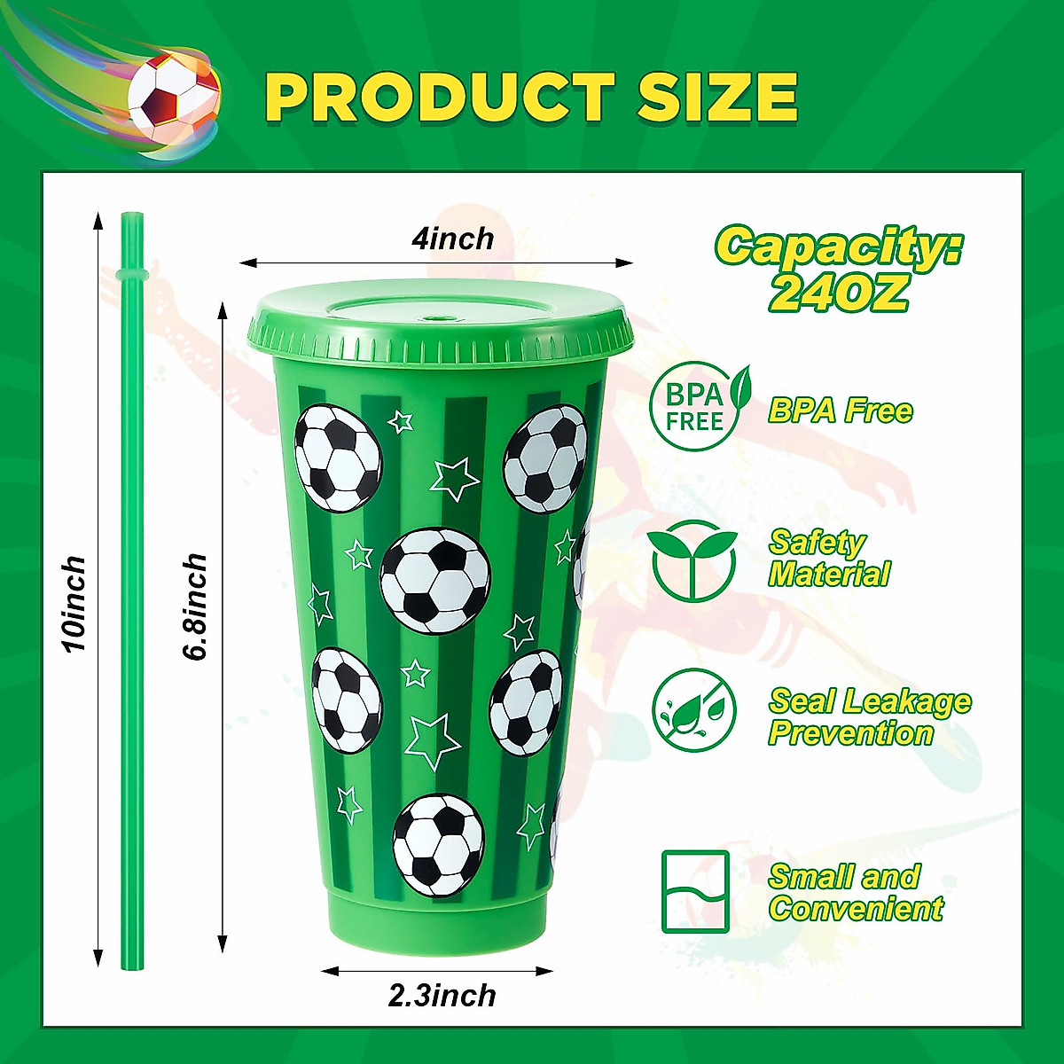 Uiifan 12 Pcs Plastic Soccer Cups 24 oz Reusable Soccer Tumbler with Lid and Straw Soccer Gifts for Coach Boyfriend Soccer Fan Men Women Soccer Party Favors Sports Themed Party Decorations