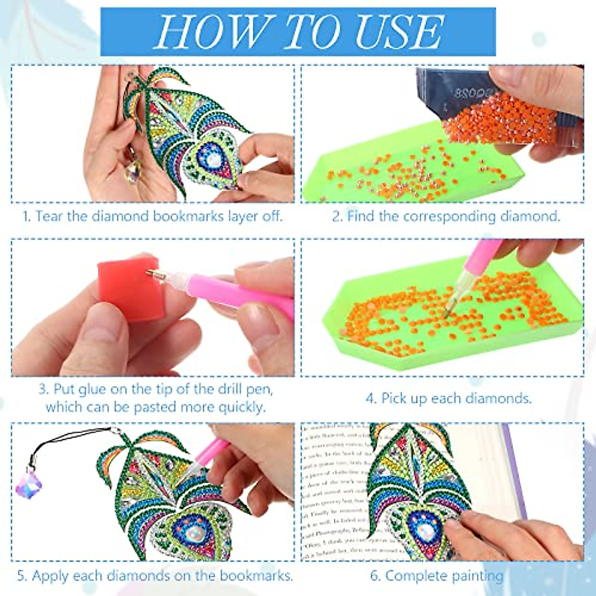 6 Pcs Diamond Painting Bookmarks Kit 5D DIY Feather Rhinestones Bookmark for Kids Adults PVC Art Bookmarks with Crystal Pendant for Crafts School Beginner Office Home, 6 Styles (Exotic)
