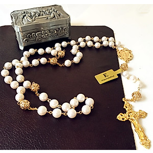 White Real Pearl Rose Gold Beads Catholic Rosary Cross Necklace Supper Box