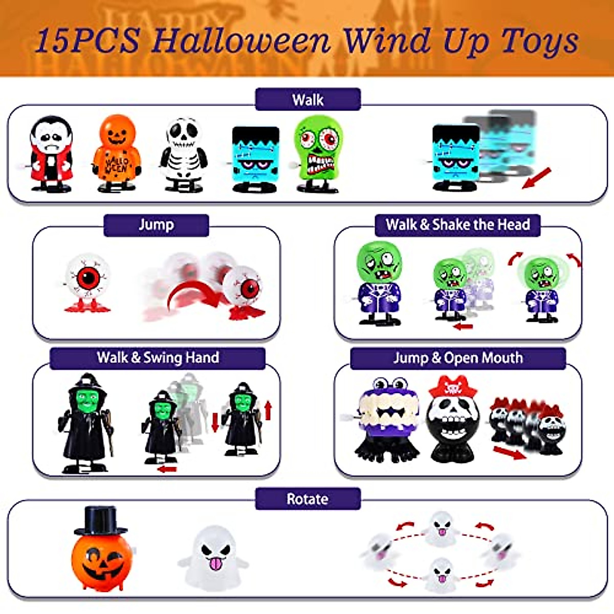 Uniqhia Halloween Wind-up Toys, 15PCS Clockwork Toys Supply for Party Favors Boys Girls Kids