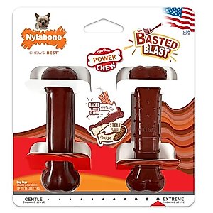 Nylabone Basted Blast Original & Textured Bone Power Chew Toy for Dogs, Dog Toys for Aggressive Chewers, Bacon and Steak Flavor, X-Small - Up to 15 lbs, 2 Pack