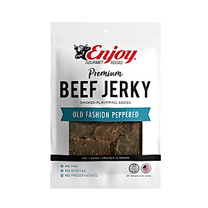 Enjoy Beef Jerky Old Fashion Peppered | 8 oz (Pack of 1) | Traditional Style | USA Made | High Protein | Low Fat | Zero Trans Fat | No Preservatives | No MSG | No Nitrites | Resealable Bag