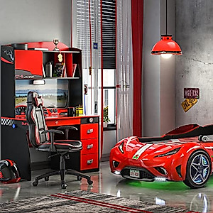 Cilek Study Desk and Hutch with Cabinet EV Car Dashboard Design, Extra Shelves, Soft-Close Drawers, Red