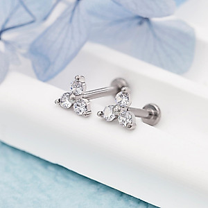 Designfy 14K White Gold Threadless Earring Top Push in Triple Clear CZ Flat Back Nose Stud Threadless Cartilage Earring Helix Stud Tragus Piercing Jewelry for Women Men 6mm