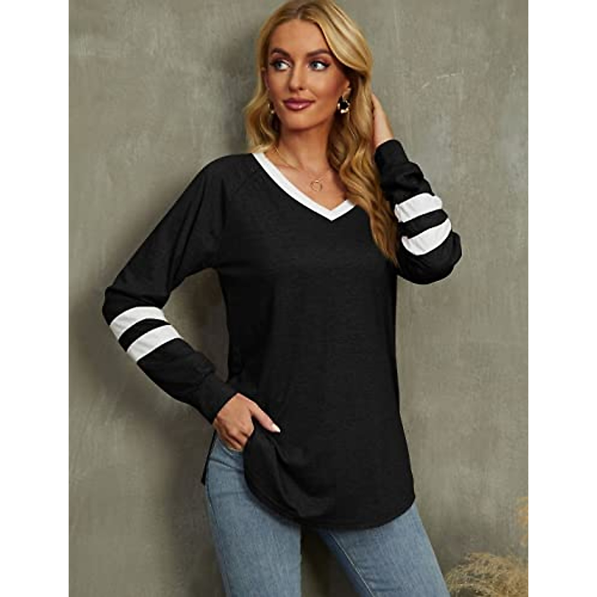 Tunic Tops for Leggings for Women V Neck Long Sleeve Fall Shirts Loose Fit Casual Tops B-black