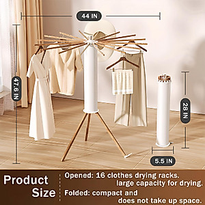 AYWSTC Tripod Clothes Drying Rack - Portable Foldable Garment Drying Rack - Household Floor Standing Clothes Drying Racks with 16 Wooden Drying arms for Balconies, Laundry, Bedrooms