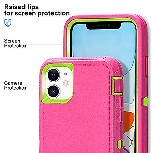 CAFEWICH iPhone 11 Case, Heavy Duty Shockproof 3-Layer Full Body Protective High Impact Tough Hybrid Rubber Rugged Durable Phone Cover for iPhone 11 6.1'' - Hot Pink Green