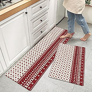 MUENINELE Kitchen Floor Rugs, Merry Christmas Snowflake Xmas Tree Geometric Pattern Red Non-Slip Runner Mats Runner Rugs for Laundry, Bedrooms, Sink, Office, 2 PCS Set