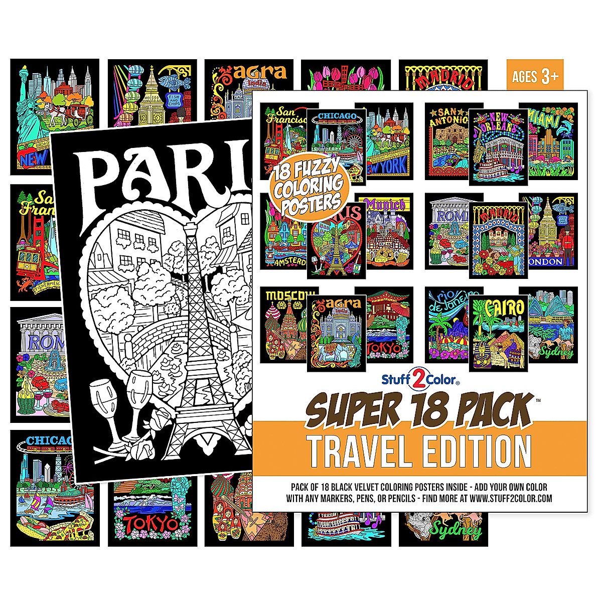 Super Pack of 18 Fuzzy Velvet Coloring Posters (Travel Edition) - Famous Cities - Educational Arts & Crafts Kit for Kids, Girls, and Boys - Perfect as a Quiet Time or Shareable Family Activity