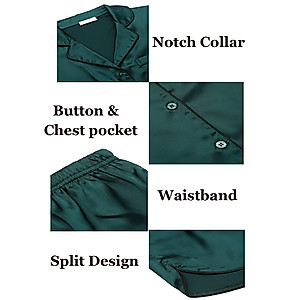 Ekouaer Womens Silk Satin Pajamas Set Short Sleeve Sleepwear Button Down Loungewear 2 Piece Pjs Shorts Set Dark Green Small