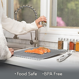 Oizeir Roll Up Dish Drying Rack - Silicone Coated Stainless Steel, Over The Sink, Foldable, Heat-Resistant, Anti-Slip, Dish Drainer. (17" x 12.5")