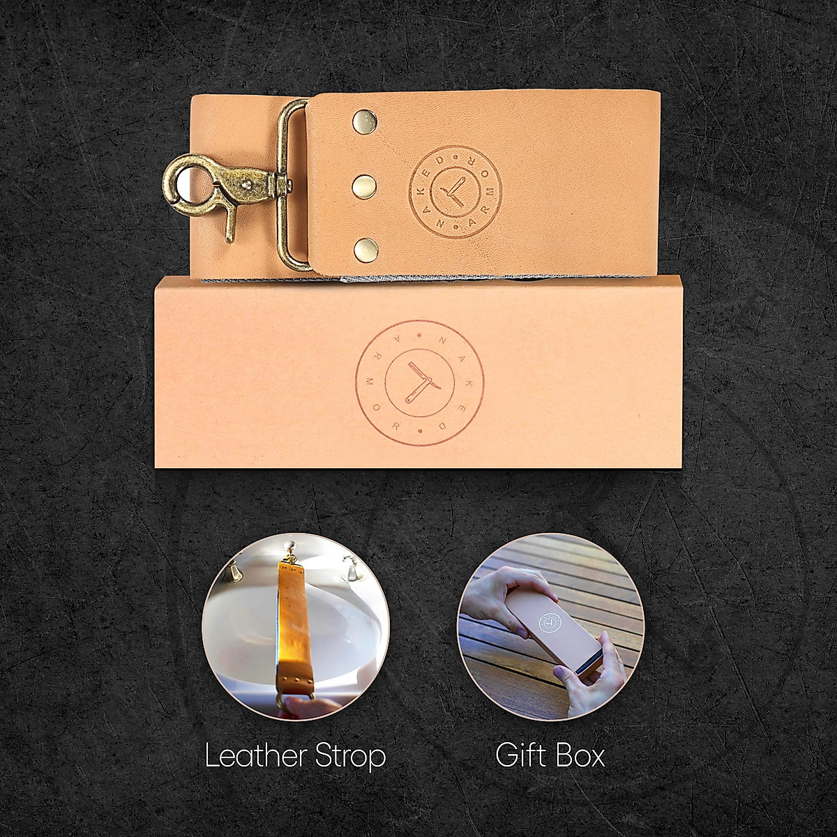 Naked Armor Stropping Leather Strop - Straight Razor Sharpening & Leather Knife Sharpener, Brass Hooks, Linen Stropping Belt, Leather Strop for Knife Sharpening, Razor Blade Sharpener, Shave Strop