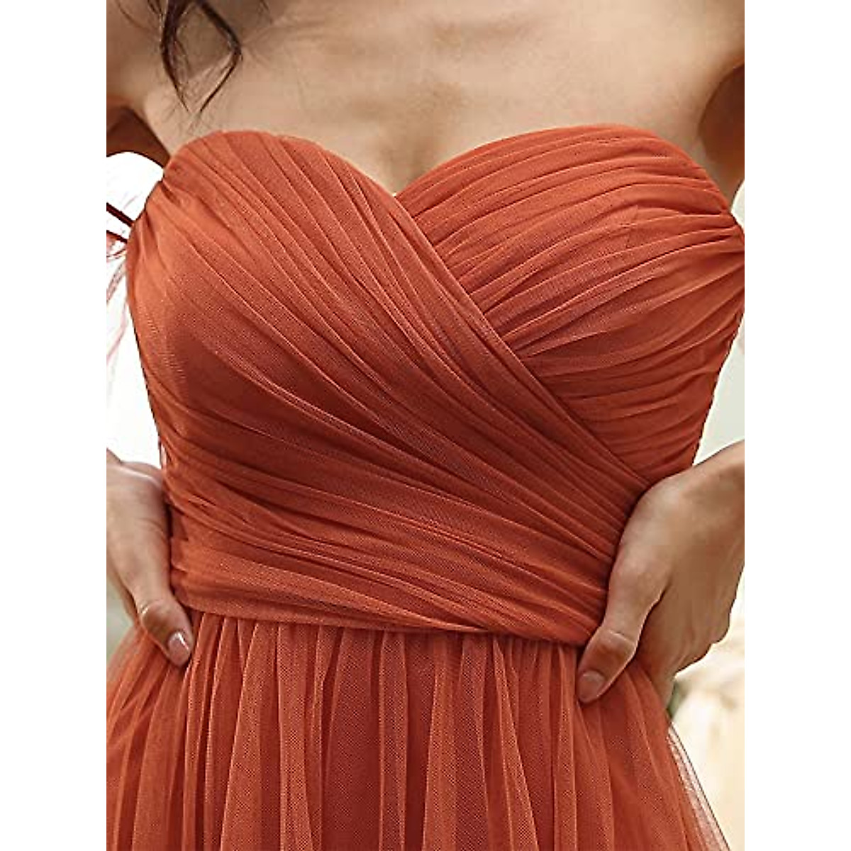 Ever-Pretty Women's Formal Dress Sweetheart Off-Shoulder Ruched Tulle Maxi Bridesmaid Dresses Burnt Orange US4