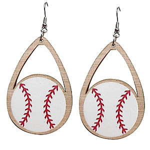 Retro Sports Ball Wooden Dangle Earrings Dainty Baseball Print Wood Earrings for Women Jewelry (A)