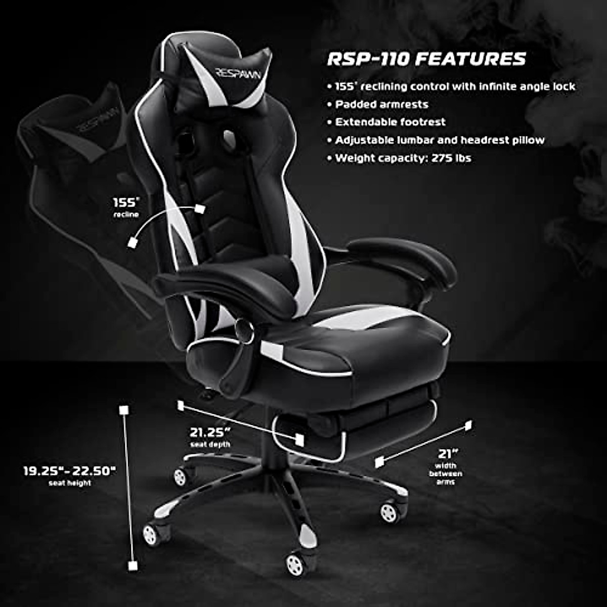 RESPAWN 110 Ergonomic Gaming Chair with Footrest Recliner - Racing Style High Back PC Computer Desk Office Chair - 360 Swivel, Adjustable Lumbar Support, Headrest Pillow, Padded Armrests - 2019 White