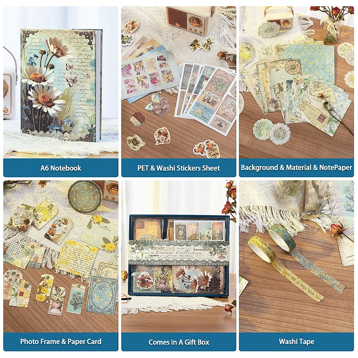 ALKALO Vintage Scrapbooking Kit(202pcs), Garden Slow Time Series with Journaling/Scrapbooking Supplies,Stationery,A6 Notebook,Aesthetic DIY Gift for Teen Girl Adult Female