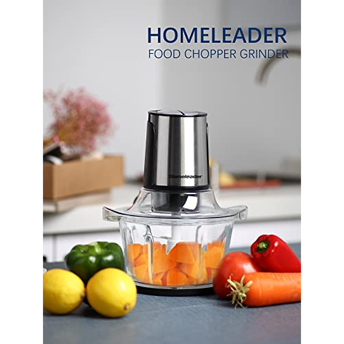 Meat Grinder Food Processor Chopper Electric Homeleader 8 Cup BPA-Free Glass Bowl Fast & Slow Speeds 4 Stainless Steel Blades Powerful 400W Pure Copper Motor for Vegetables, Lean Meat, Onion, Nuts, etc.