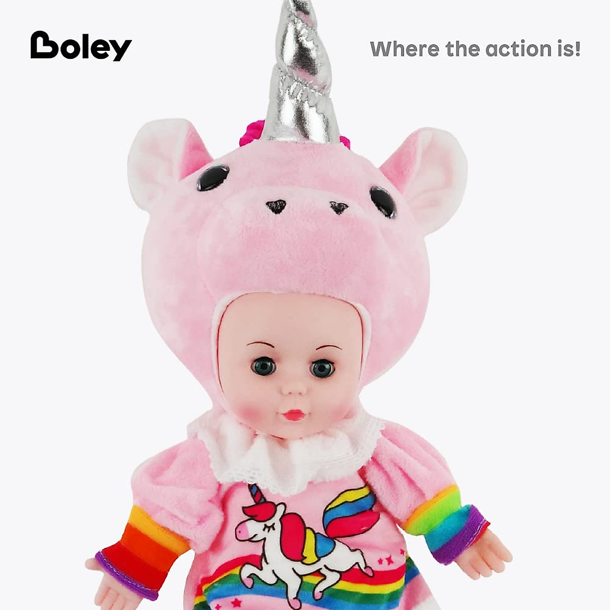 Boley Unicorn Baby Doll - Open and Close Eyes Unicorn Baby Doll for Kids - Classic 16 Inch Babydoll with Unicorn Plush-Hoodie and Cotton Dress - Unicorn Toy for Toddlers and Kids Ages 3 and Up