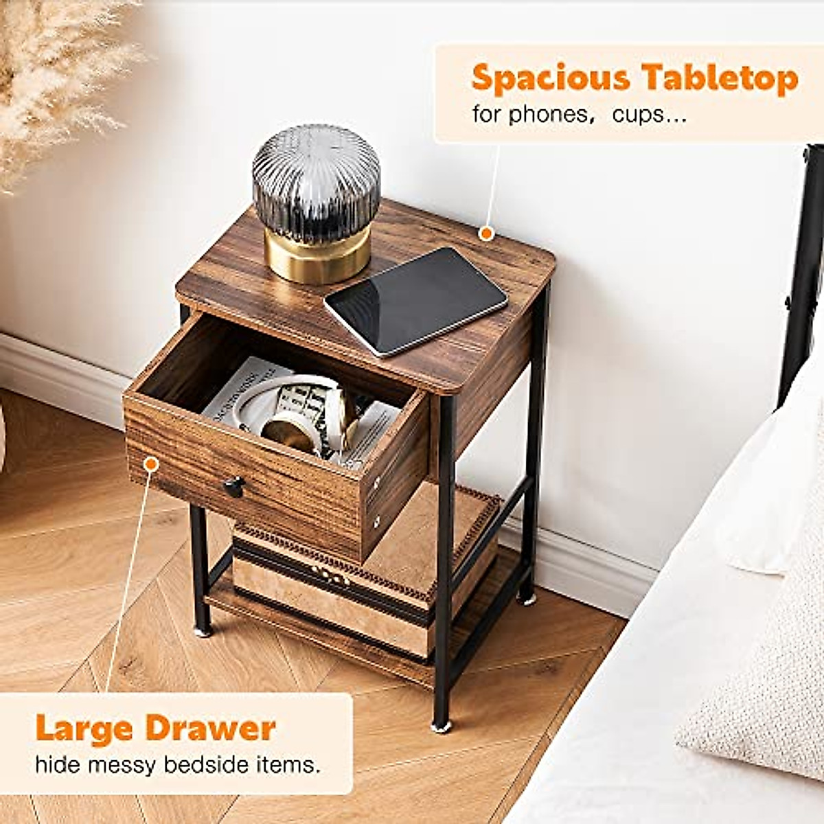 SunnyFurn Nightstand with 2 Tier Storage Shelf,Bedside Table for Living Room and Bedroom,Easy to Install Side Table,End Table with Drawer Shelves for Small Space,Set of 2 Brown