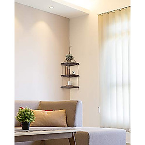 TIMEYARD Hanging Corner Wall Shelf, Distressed Brown Wood Jute Rope Floating Shelves, Farmhouse Storage Organizer Rack Rustic Home Decor for Living Room Bedroom Bathroom Kitchen