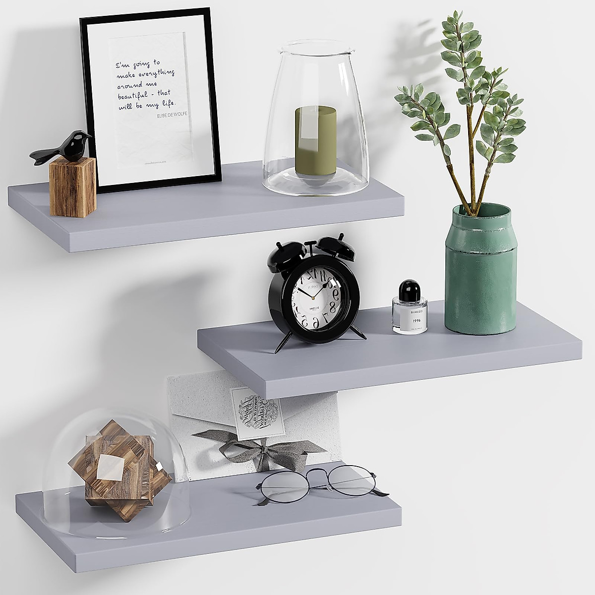 Fixwal 15.8in Floating Shelves, Rustic Wood Shelves for Wall Storage with Invisible Brackets, Farmhouse Wall Decor for Bathroom, Living Room,Bedroom and Kitchen, Set of 3(Gray)