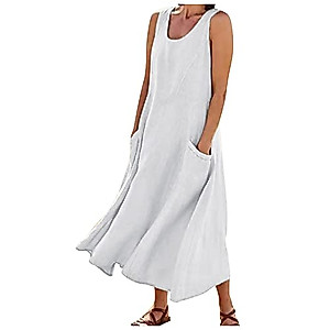 Porsha Williams Favorites Clothes, Boho Dress for Women Maxi Women's Plus Shorts Long Romper Dresses Women's Fashion Casual Solid Colour Sleeveless Cotton Linen Pocket Dress Ladies (S, White)