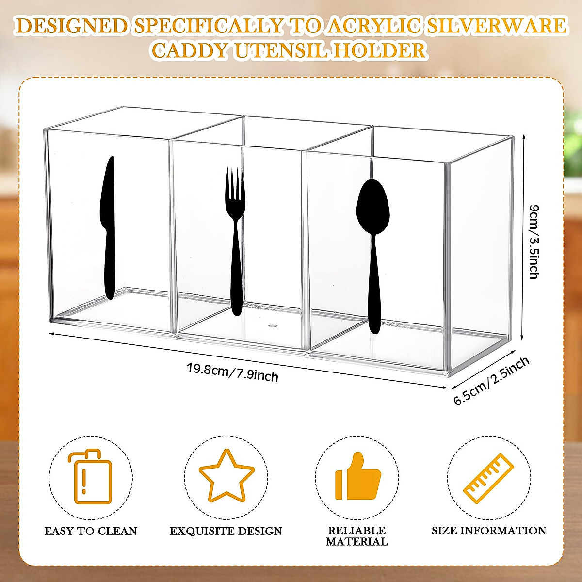 Suzile Acrylic Cutlery Storage Organizer Bin Clear Silverware Caddy Countertop Knife Spoon and Fork Holder Kitchen 3 Section Tableware Storage Box for Cabinet Indoor Outdoor Home Flatware Dining Room