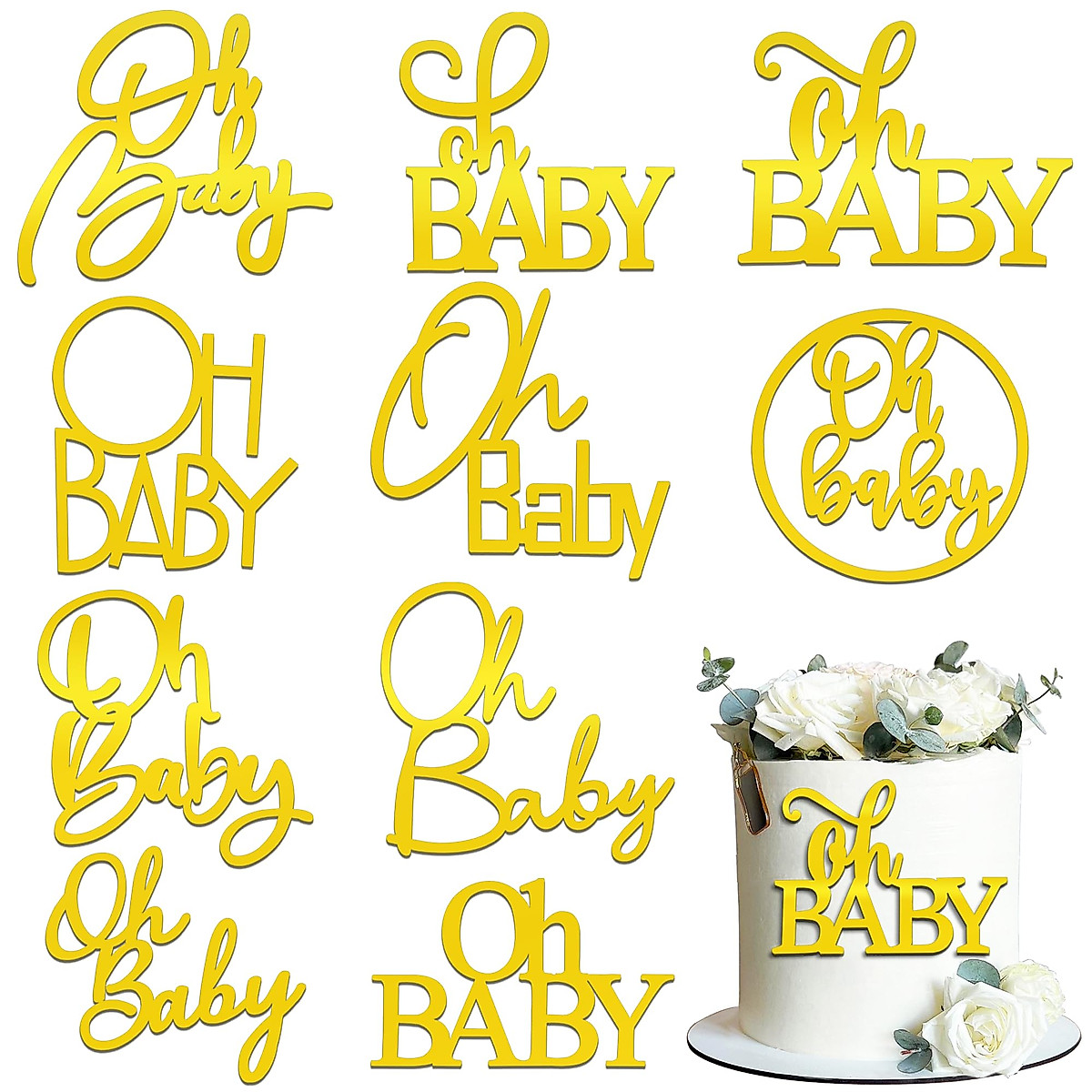 10 PCS Gold Oh Baby Cake Topper Mirror Acrylic Cake Topper Side Cake Decorations Gold Cake Inserts Cake Decorating Supplies Cupcake Toppers for Oh Baby Gender Reveal Baby Birthday Party Decorations