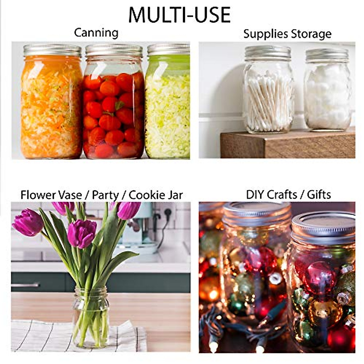 Regular Mouth Mason Jars 32 oz. (4 Pack) - Quart Size Jars with Airtight Lids and Bands for Canning, Fermenting, Pickling, or DIY Decors and Projects - Bundled with Jar Opener